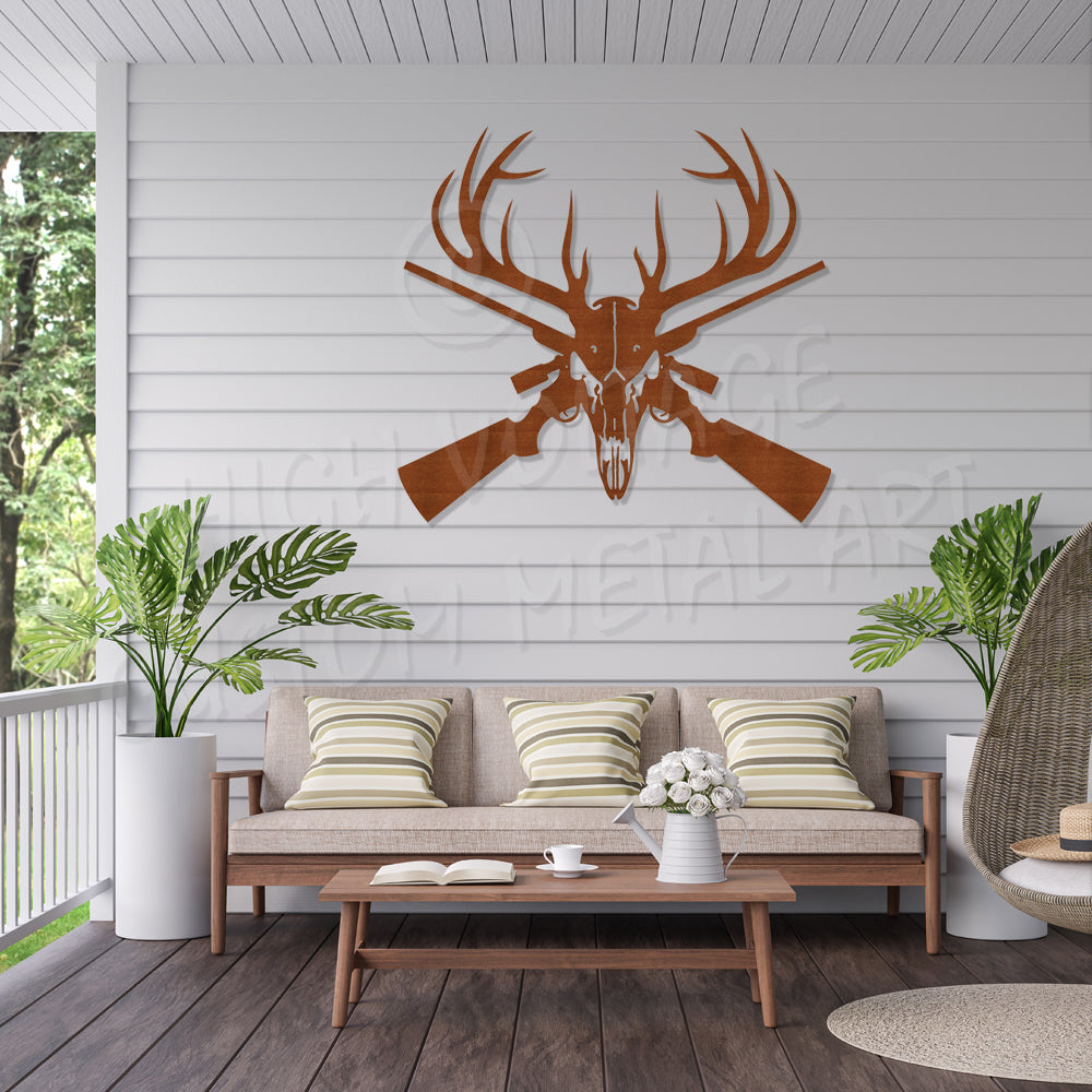 Deer Skull & Rifles | NZ MADE Steel Art – High Voltage Custom Metal Art