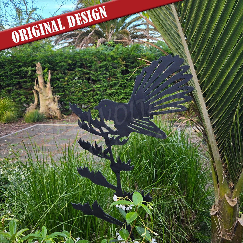 Fantail On Flax Garden Spike | NZ MADE Steel Art – High Voltage Custom ...