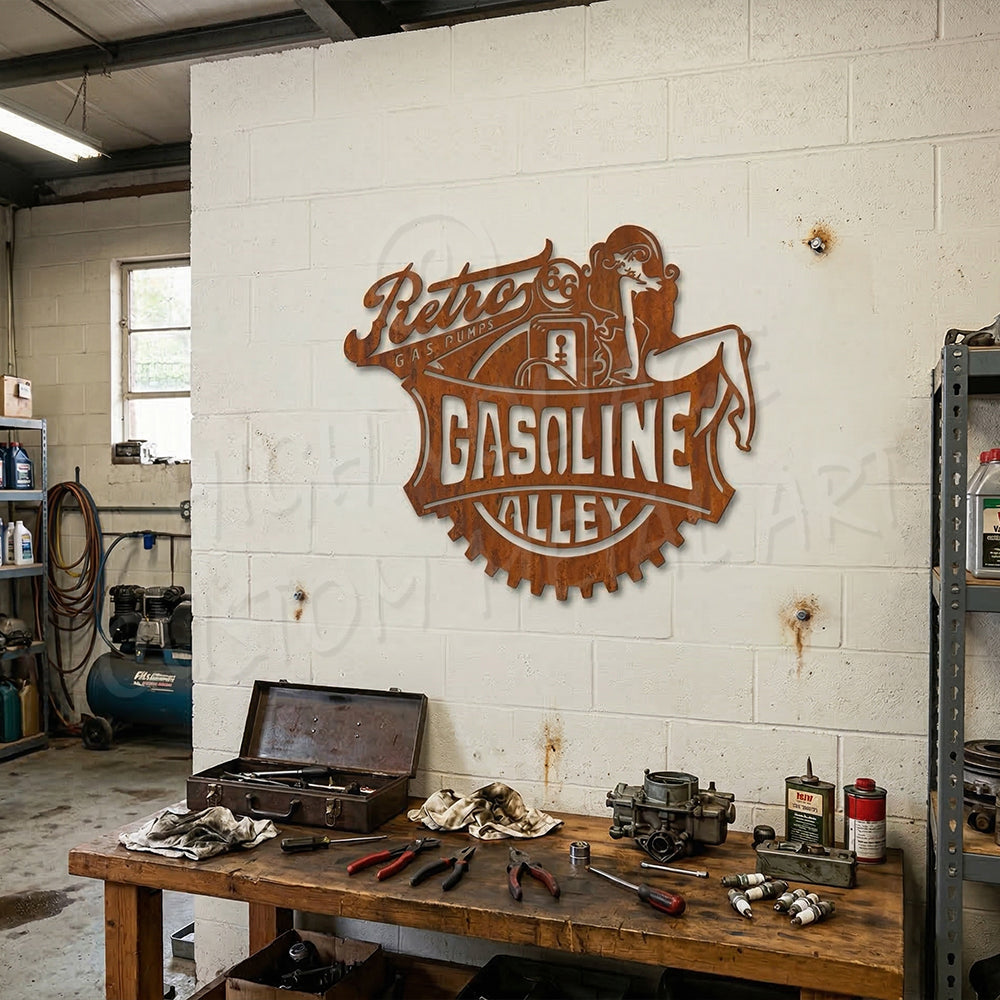 Retro Gasoline Alley | NZ MADE Steel Art – High Voltage Custom Metal Art